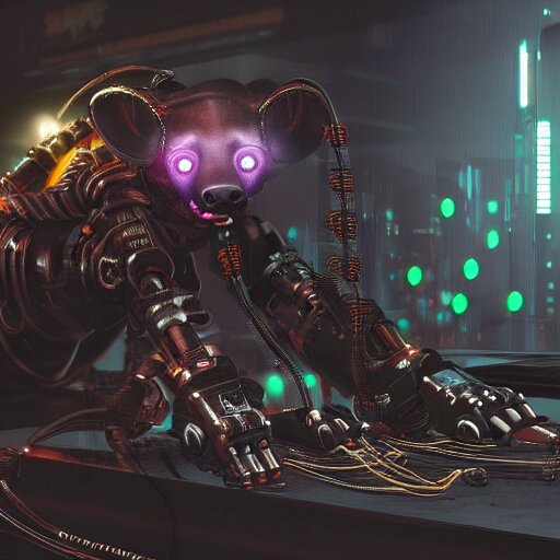 Lexica - Hyena robot, exposed wires, shiny black metal, glowing eyes ...