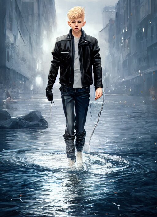 Lexica - Beautiful blonde teenage boy assassin walking on water ...