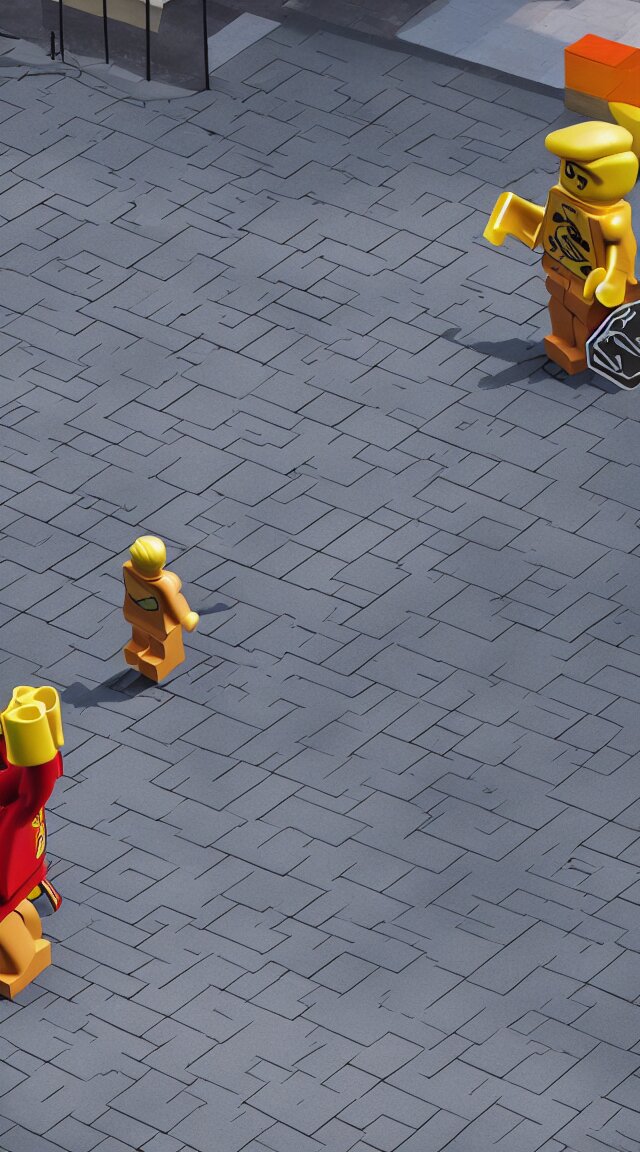 hyperrealistic giant lego man walking through street, street vie ...