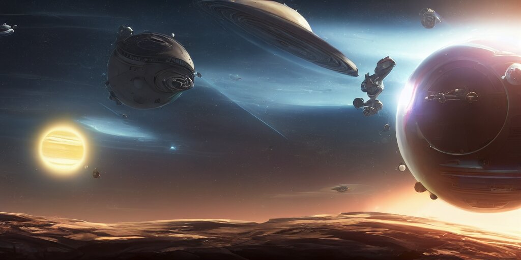 Lexica - Wide shot of a spheric round ball shaped sci fi space ship ...