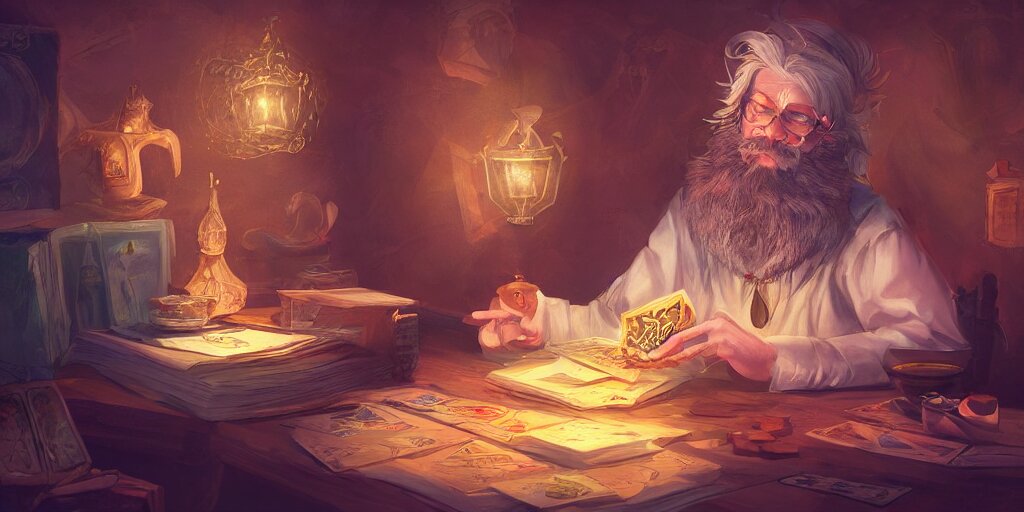 wizard shuffling cards, cards, fantasy, digital art, soft lighti ...