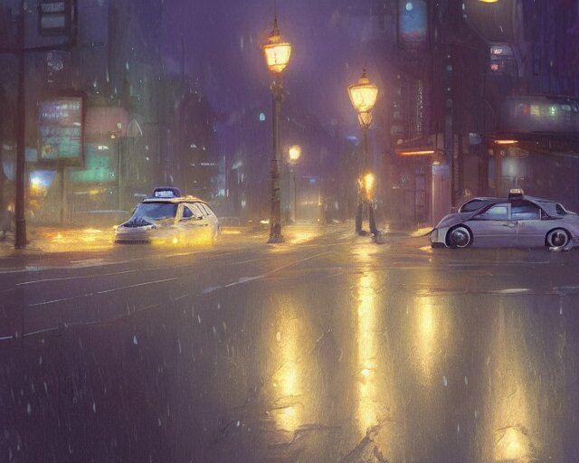 Lexica - One single taxi cab driving down a rainy country road ...