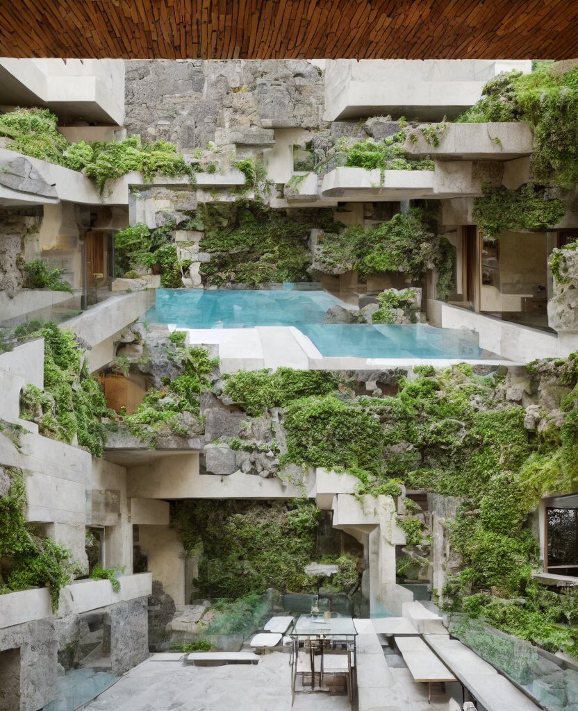 a stunning interior of a split - level villa with a swimming poo ...