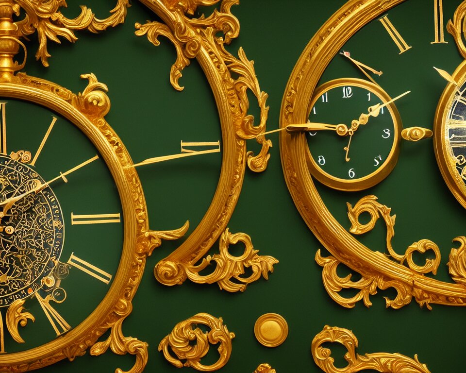 Lexica - An achingly beautiful print of dozens of ornate gold clocks on ...