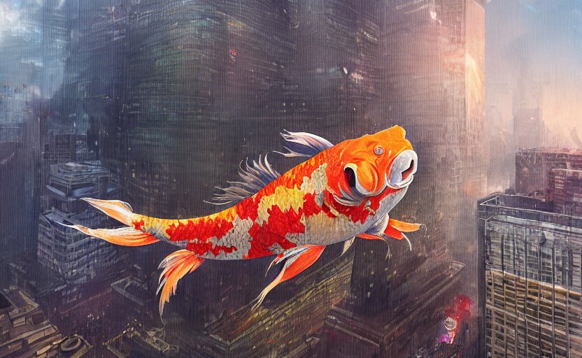 Lexica - A giant koi fish Kaiju smashing through skyscrapers, digital ...