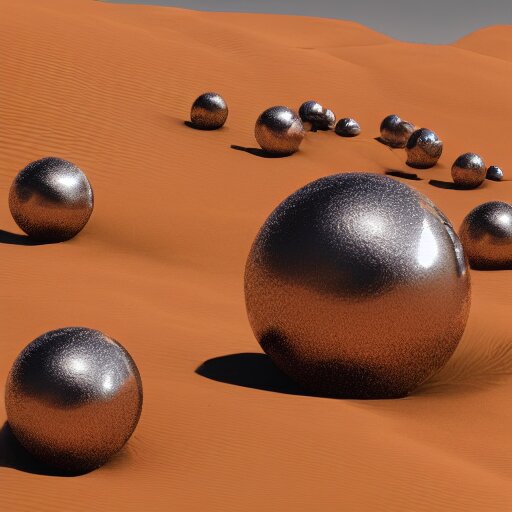 Lexica - Army of metallic spheres in desert, raytracing, 5 5 mm