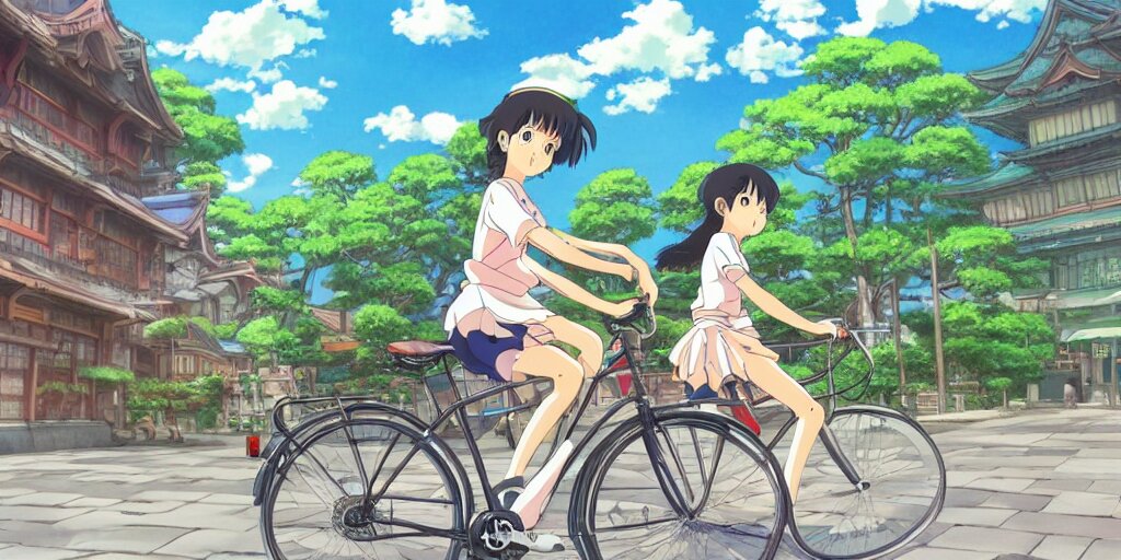 Lexica - Anime girl riding bicycle in highly detailed japanese city ...