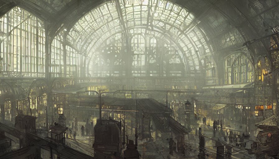 Lexica - Railway station in a Dieselpunk city, steam, large stained ...
