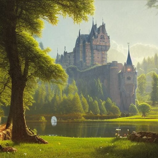 beautiful illustration of a big castle in a serene landscape and ...