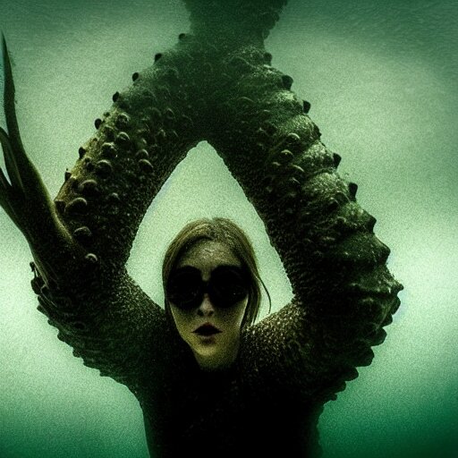 sea monster, wide angle, pov underwater, pale skin, dark, foggy ...