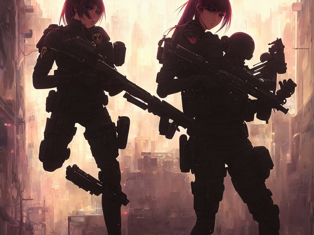 Lexica - Anime key visual of a young female swat officer fighting male ...