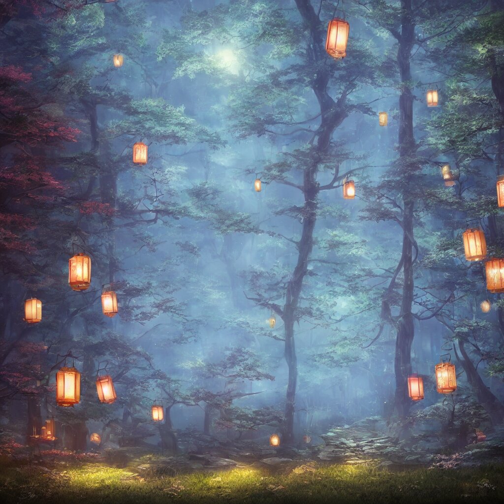 Lexica - Japanese forest at night, lanterns, highly detailed, dreamlike ...