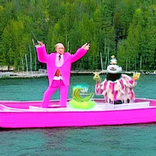 Lexica - ( putin as old gregg ) wearing a pink tutu, on a boat on a lake