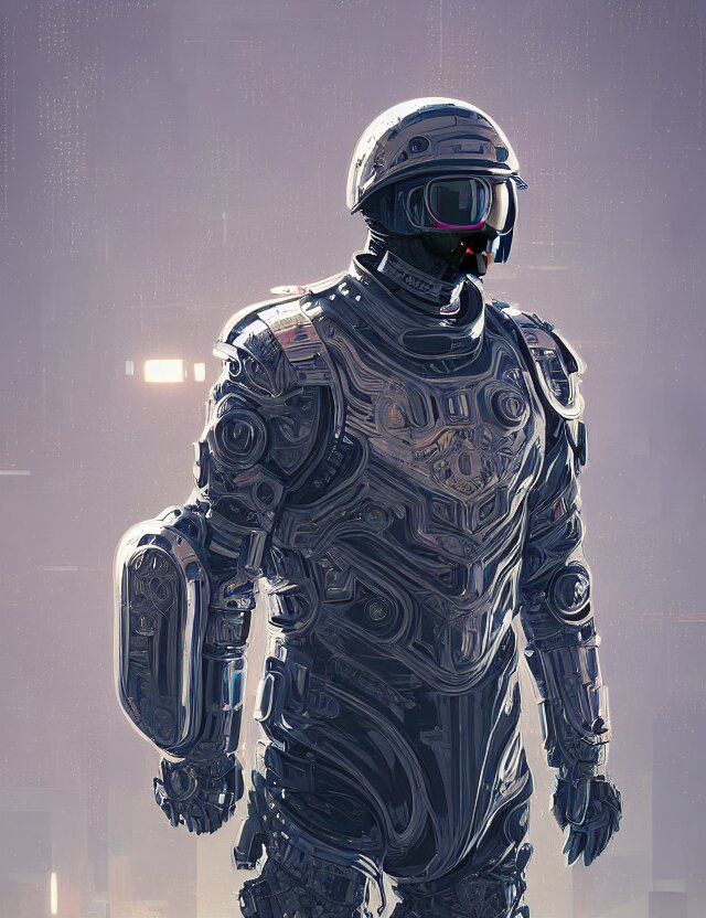 futuristic soldier reflective chrome armor super intricate ornam ...