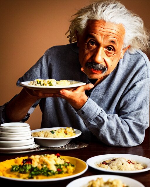 Lexica - A photo of Albert Einstein eating from a plate of Idli ...