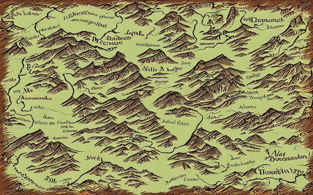 Lexica - Medieval map mountain ranges, rivers, lakes, cursive lettering ...