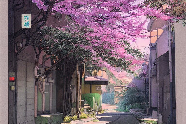 Lexica - Beautiful Japanese anime alleyway with sakura trees, art by ...