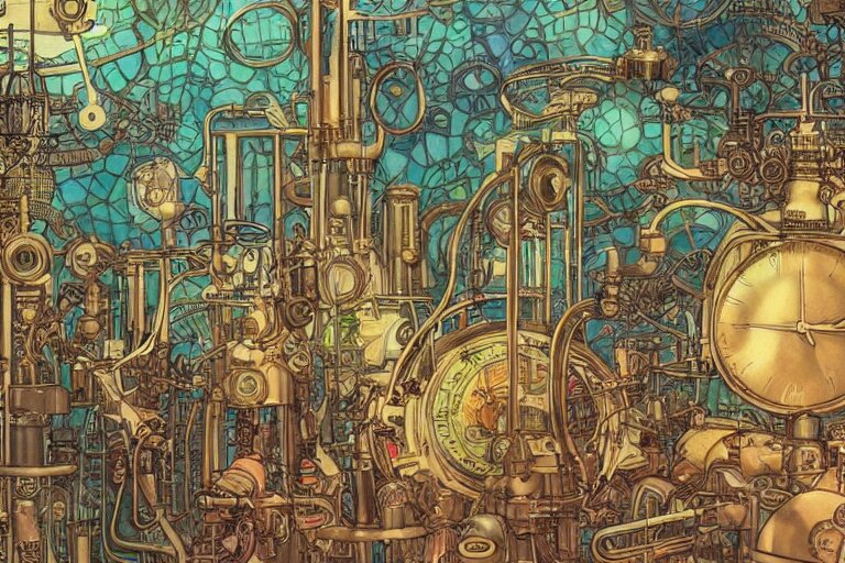 Lexica - Close up view on steampunk lab with big vapor tubes and ...