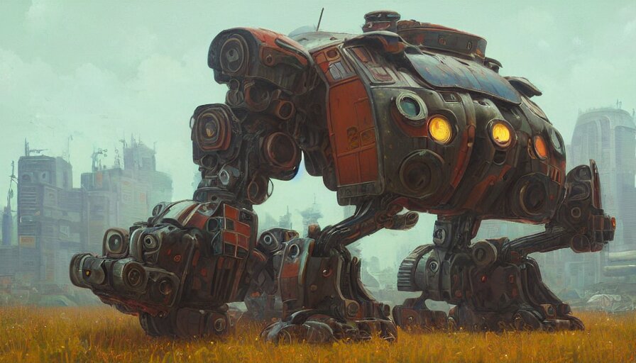 Lexica - An intricate oil painting of a giant scrap metal anime armored ...
