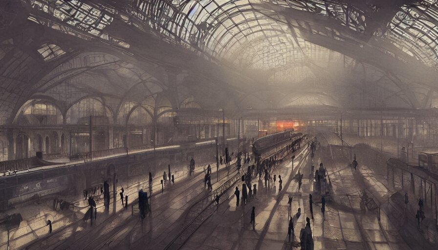 Lexica - Railway station in a Dieselpunk city, steam, large stained ...