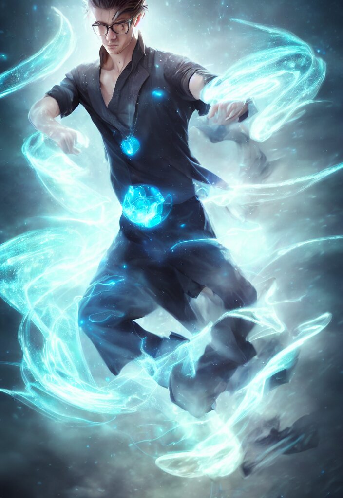 a human elemental sorcerer, blurred environment background, magi ...