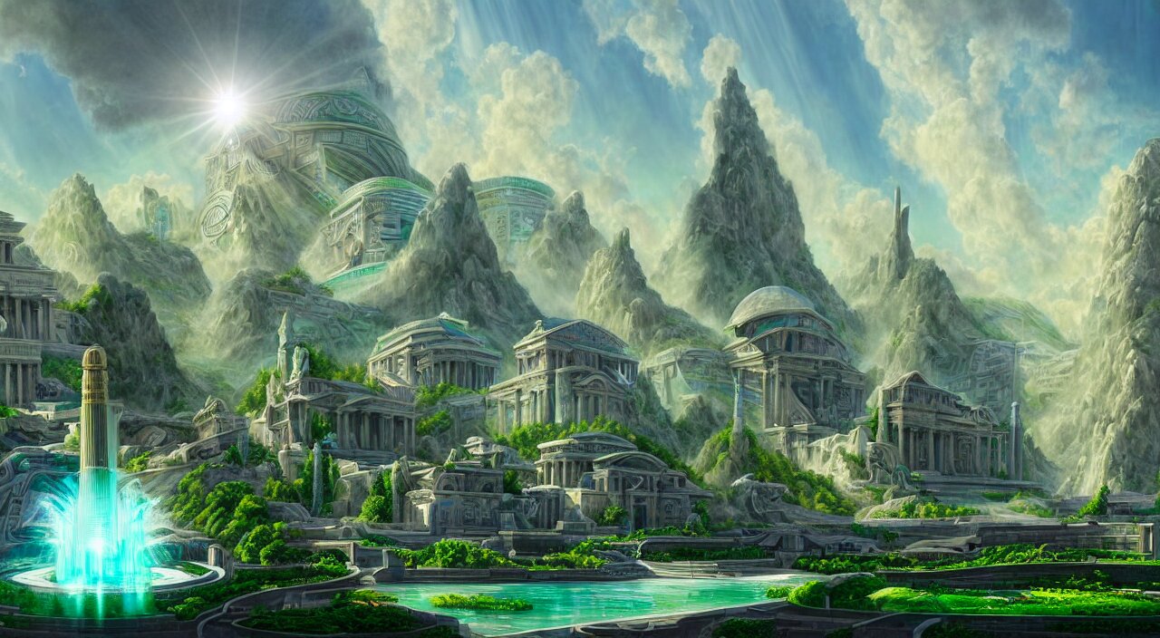 a matte painting futurist of a green water city of Atlantis gre ...
