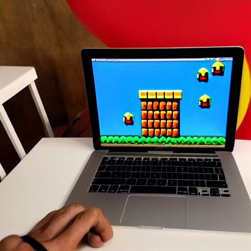 photo of super mario working on his macbook, highly detailed, ex ...