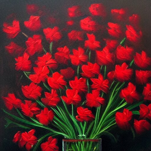 Lexica - Oil painting of many various red flowers painted on a black ...