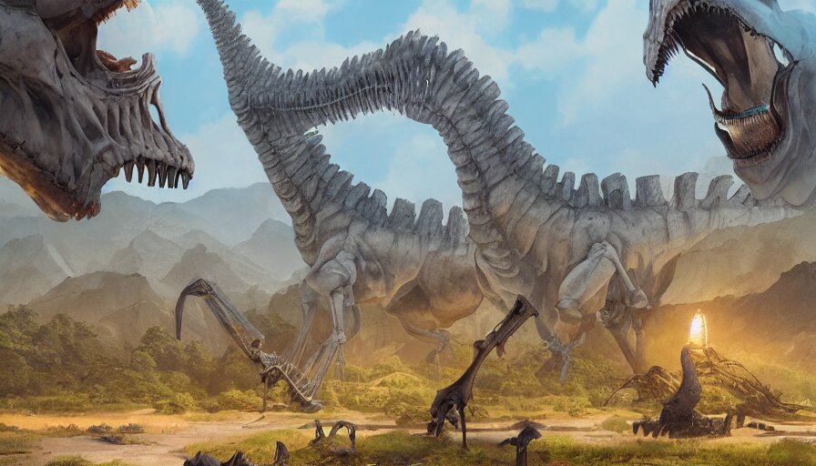 Lexica - A highly detailed matte painting of the huge dinosaur skeleton ...
