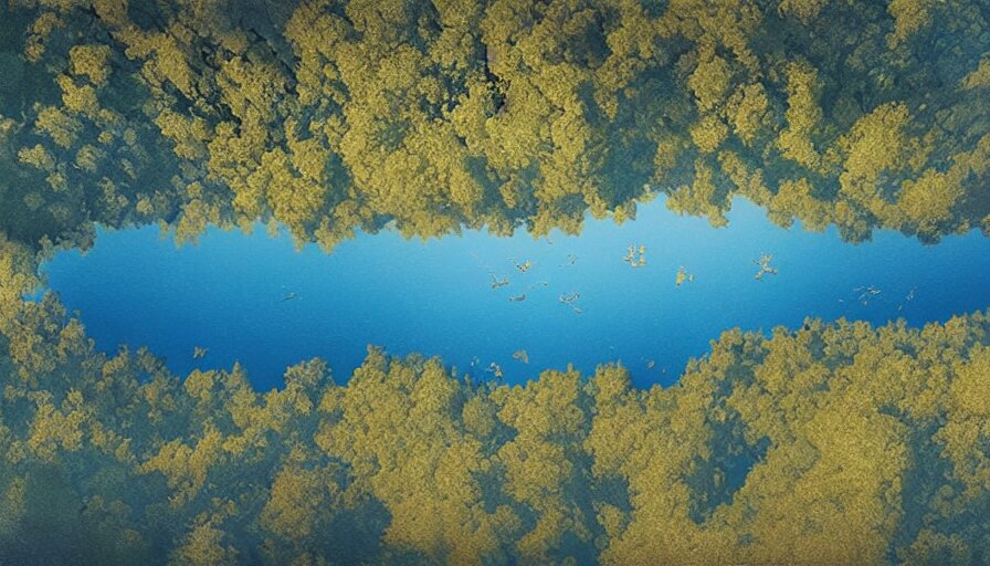 Lexica - Aerial portrait of a vast lake surrounded by woodland, highly ...