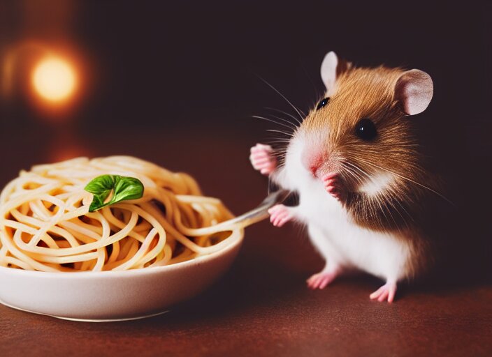 photo of a hamster eating spaghetti, at night, candlelit restaur ...