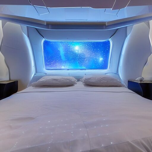 a king size bed with a white bed set in a futuristic space ship ...