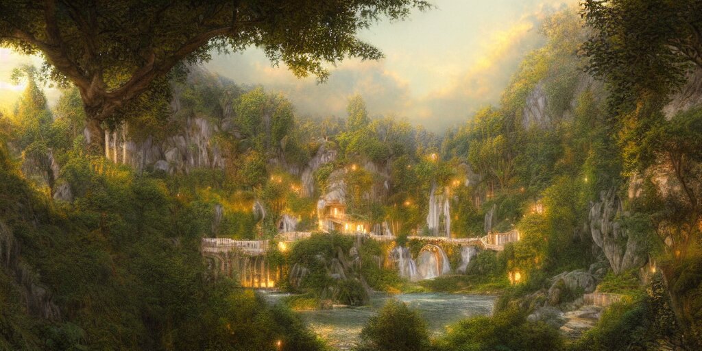 Lexica - Rivendell, looking out from the balcony, evening, detailed ...