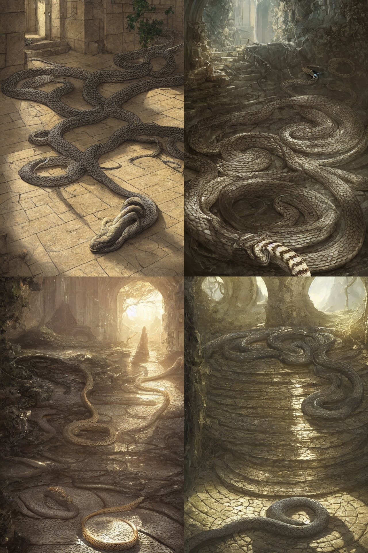 Lexica - Beautiful concept art of one coiled snake on top of stone ...