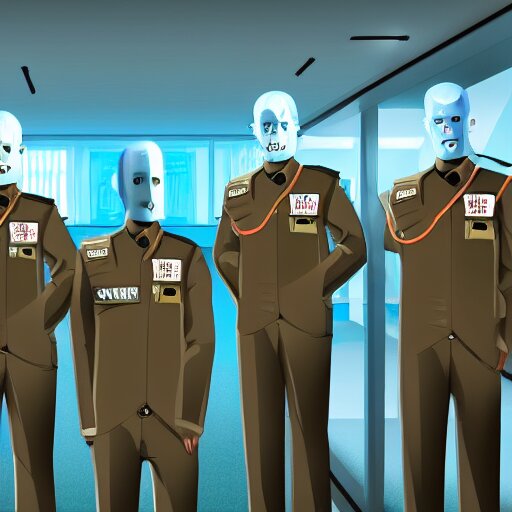 Lexica - Zombie security officers in beige uniforms and blue pants with ...