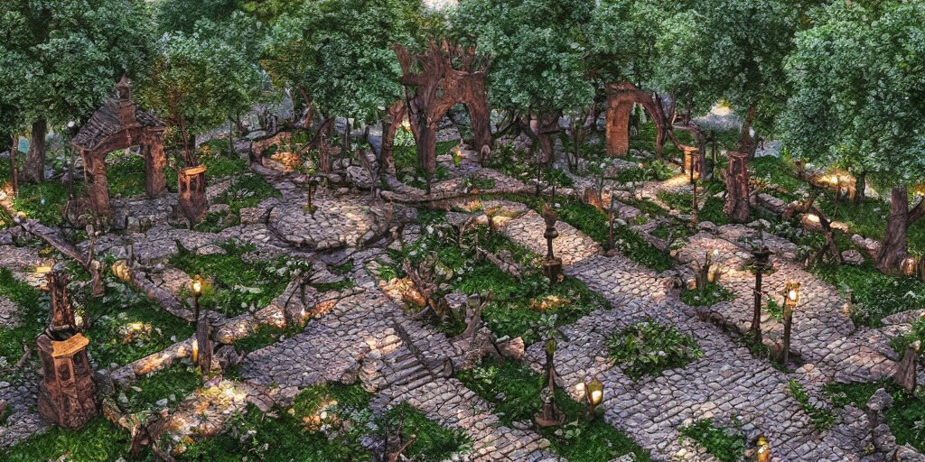 Lexica - Medieval gardens at night, dead trees, bushes, thorns, stone ...