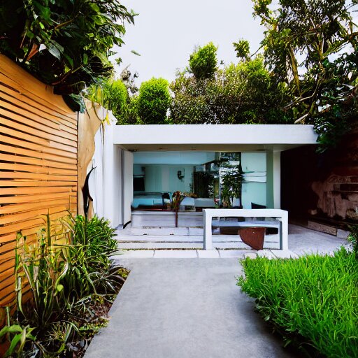 small elongated backyard with hut office, white walls, brown til ...