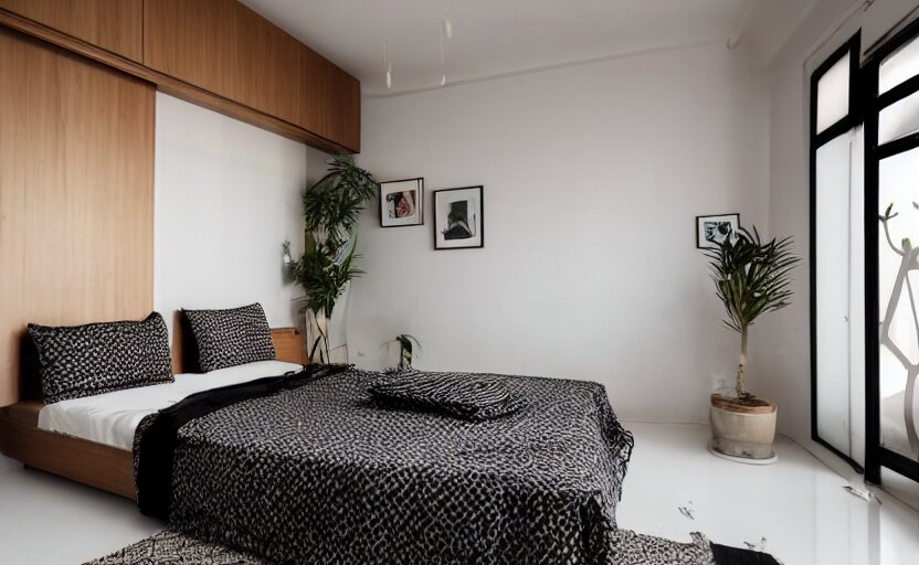saudi arabian apartment bedroom interior, minimalism, bed, cupbo ...
