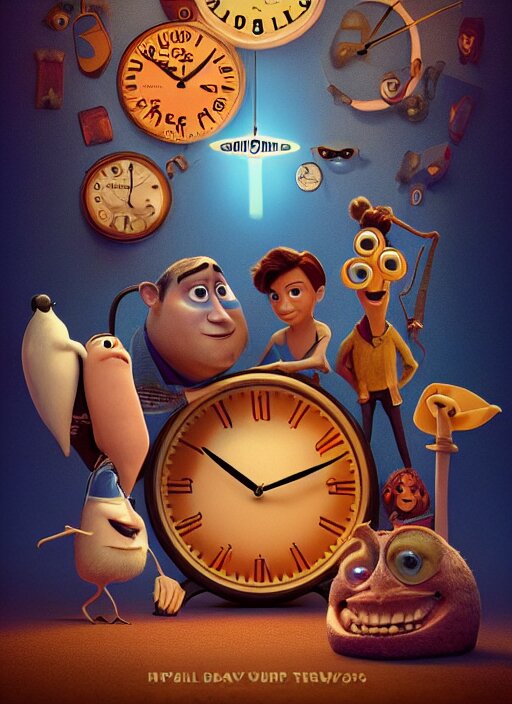 a poster of a pixar's movie about clocks, high definition, trend ...