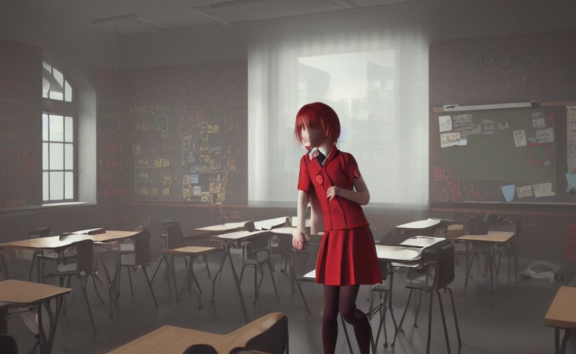 Lexica - School girl with red hair on the classroom, gloomy and foggy ...