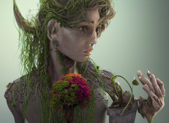 Lexica - Fantasy Alrune androgynous plant humanoid with flowers in hair ...