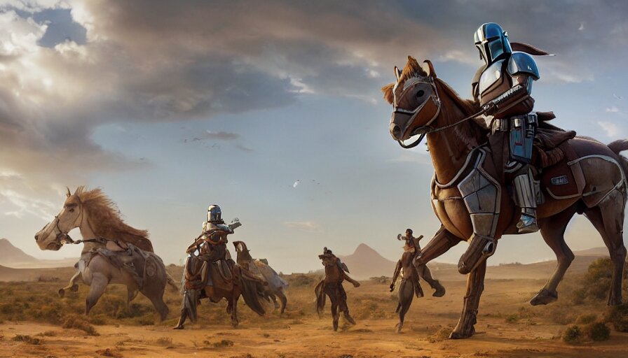 Lexica - Mandalorian riding a horse alone, madagascar with baobabs ...