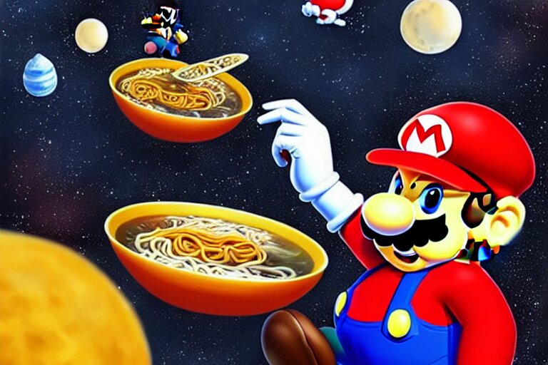 Lexica - Mario in space eating ramen, digital art, game art, character ...