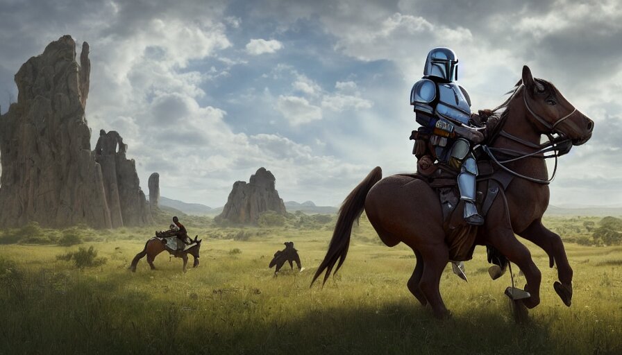Lexica - Mandalorian riding a horse alone, madagascar with baobabs ...