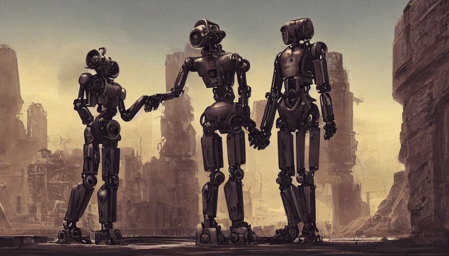 Lexica - Dieselpunk Illustration of two humanoid robots holding hands ...