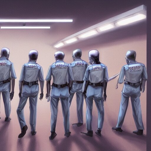 Lexica - Zombie security officers in beige uniforms and blue pants with ...