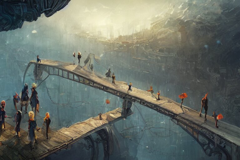 Lexica - A group of people standing on top of a bridge, a storybook ...