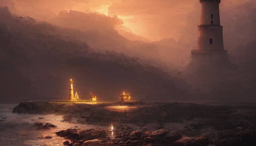 Lexica - Ancient city of Rome with a lighthouse near the shore and a ...