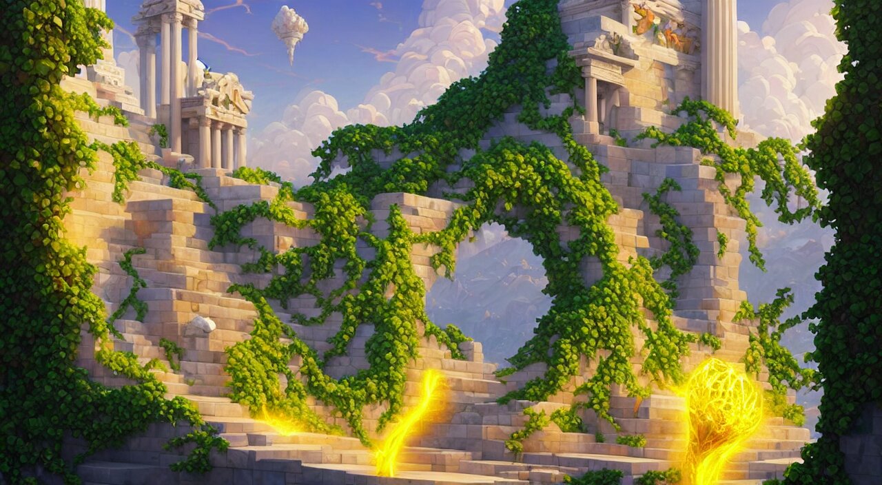 Lexica - painting of Atlantis zeus tower statue and hill valley grec ...