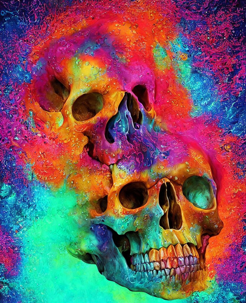 illustration of a colorfull melting human skull. flowers and blo ...